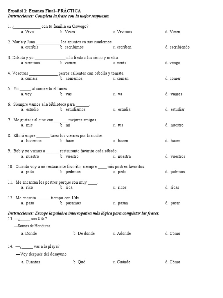 Examen Final de Español 1: Práctica | PDF | Artes del Lenguaje y ...