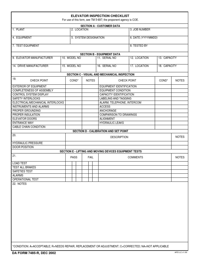 Elevator Inspection Checklist: Section A - Customer Data | PDF ...