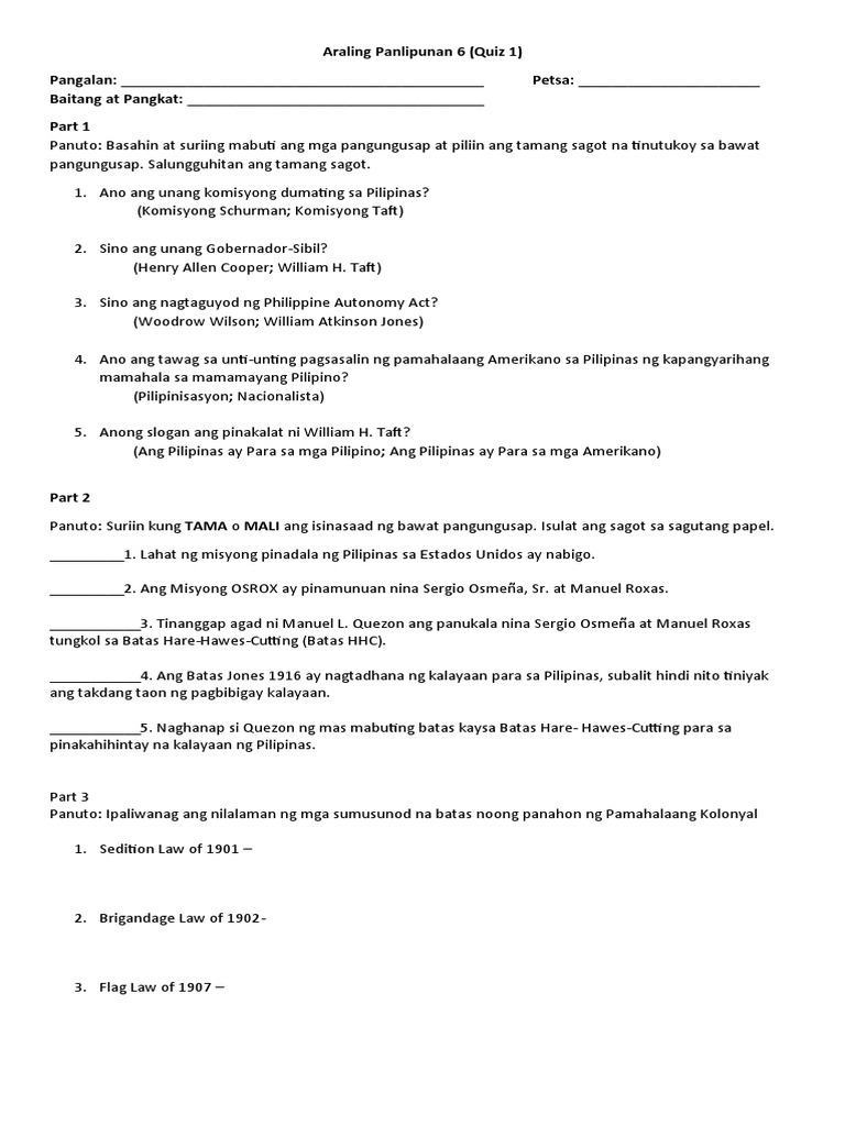 Araling Panlipunan 6 Quiz 1 2nd Quarter | PDF