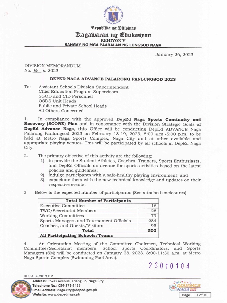 DM No. 33, S. 2023 DepED Naga ADVANCE Palarong Panlungsod 2023 | PDF