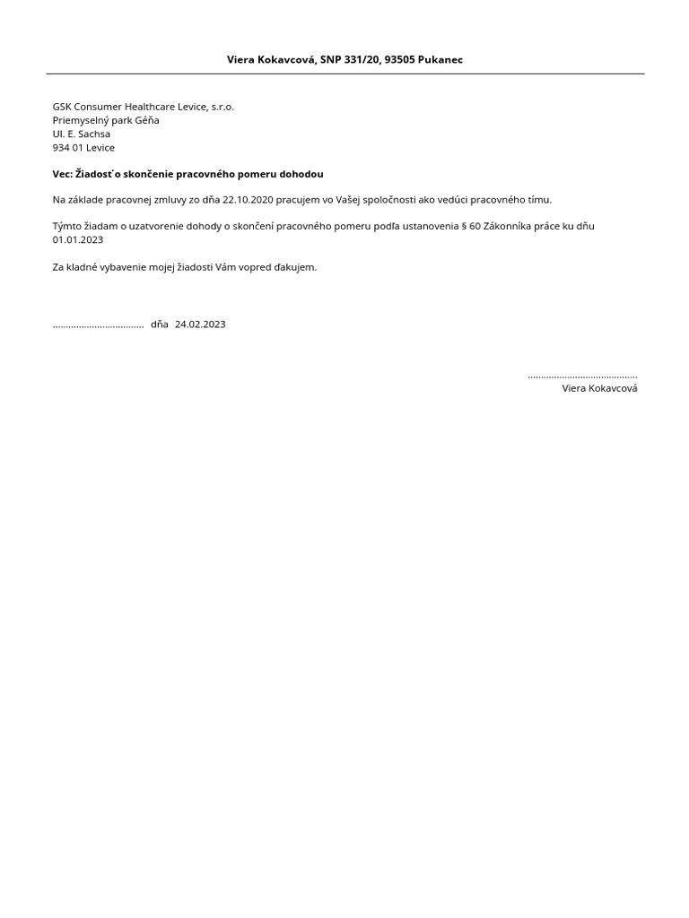 Ziadost o Skoncenie Pracovneho Pomeru Dohodou | PDF