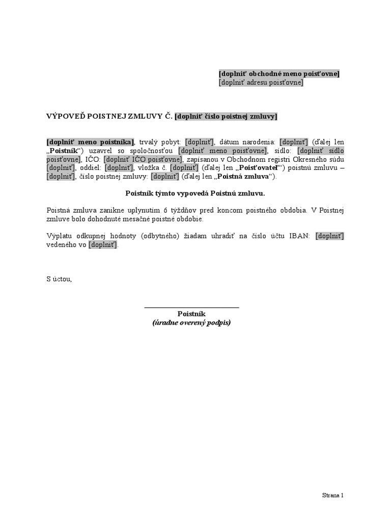 Výpoveď-Zmluvy-Životného-Poistenia VZOR Xprávo - Eu | PDF