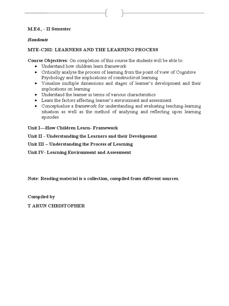 Handout - Learner & Learning Process M.ed II Semester | PDF