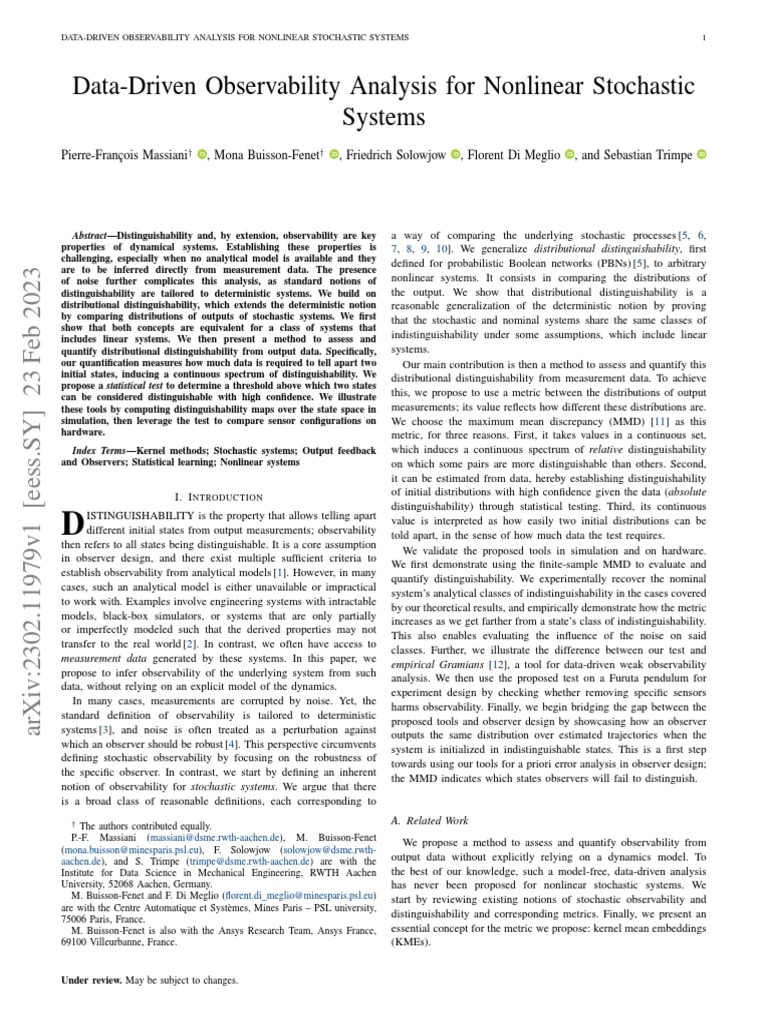 Data Driven Observability Analysis For Nonlinear Stochastic Systems Pdf Stochastic Process