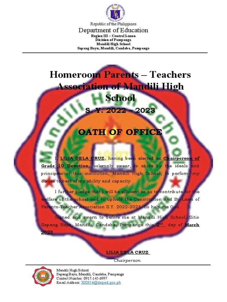 2022 GRADE 10 Devotion PTA OATH OF OFFICE | PDF | Oath Of Office ...