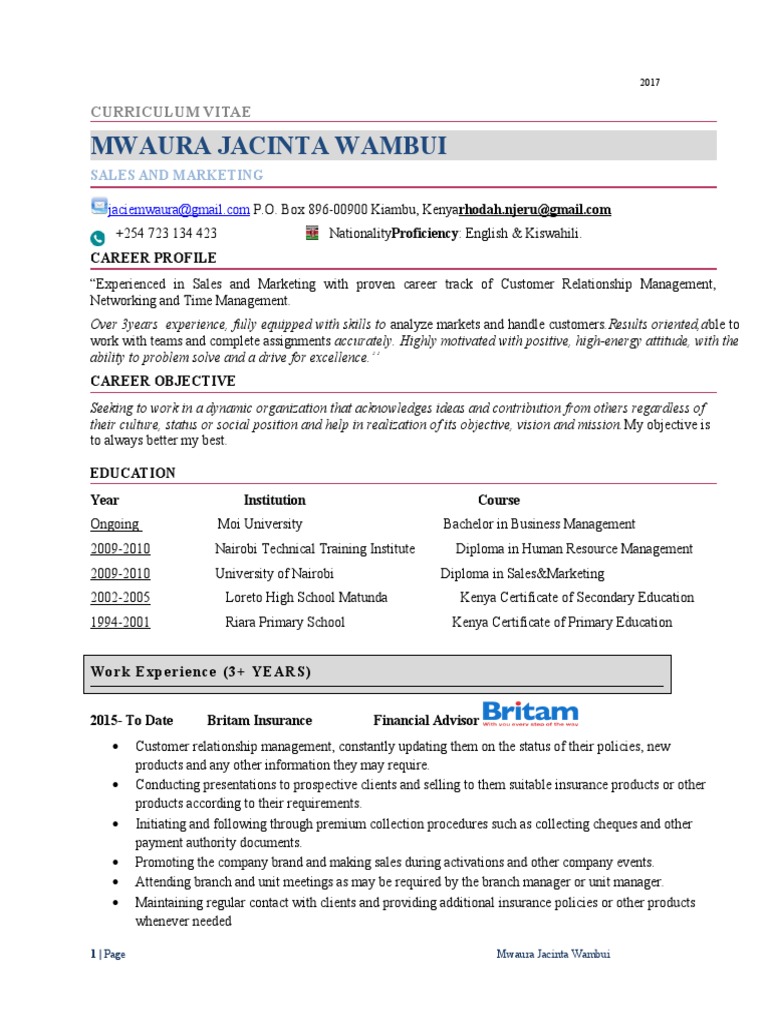 Updated Mwaura Jacinta Wambui CV | Download Free PDF | Sales | Customer Relationship Management