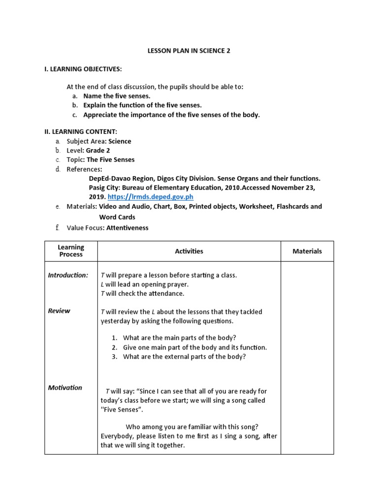 Grade 2 Lesson Plan: The Five Senses | PDF | Senses | Taste