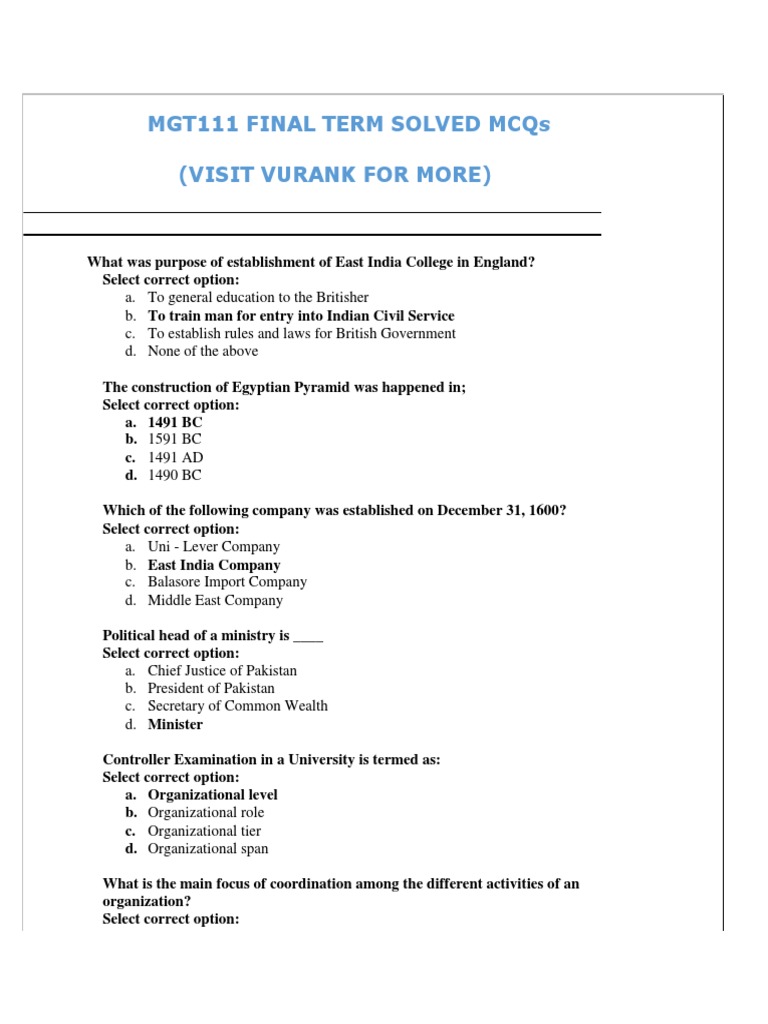 Mgt111 Final Term Solved Mcqs | PDF | Public Administration | Option ... Mgt111 Final Term Solved Mcqs | PDF | Public Administration | Option ...