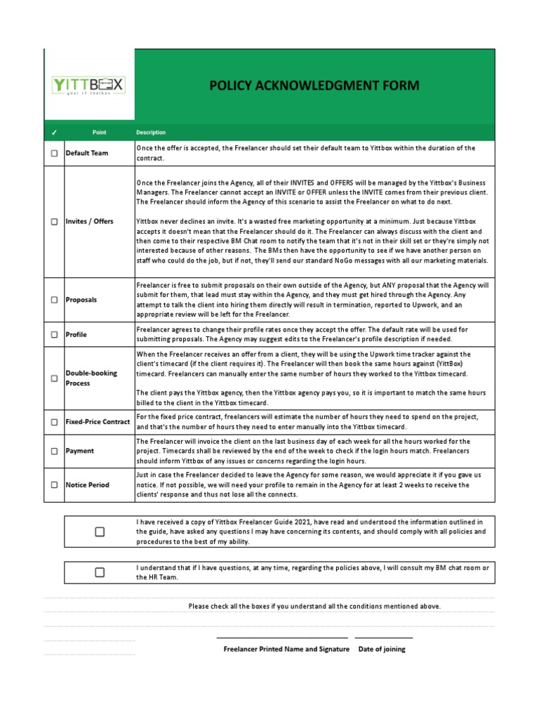Policy Acknowledgment Form | Download Free PDF | Freelancer | Economies