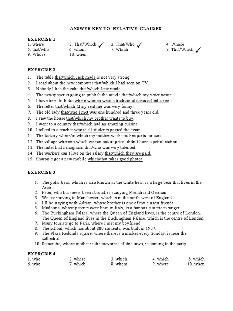 Relative Clauses Answer Key | PDF | Home & Garden