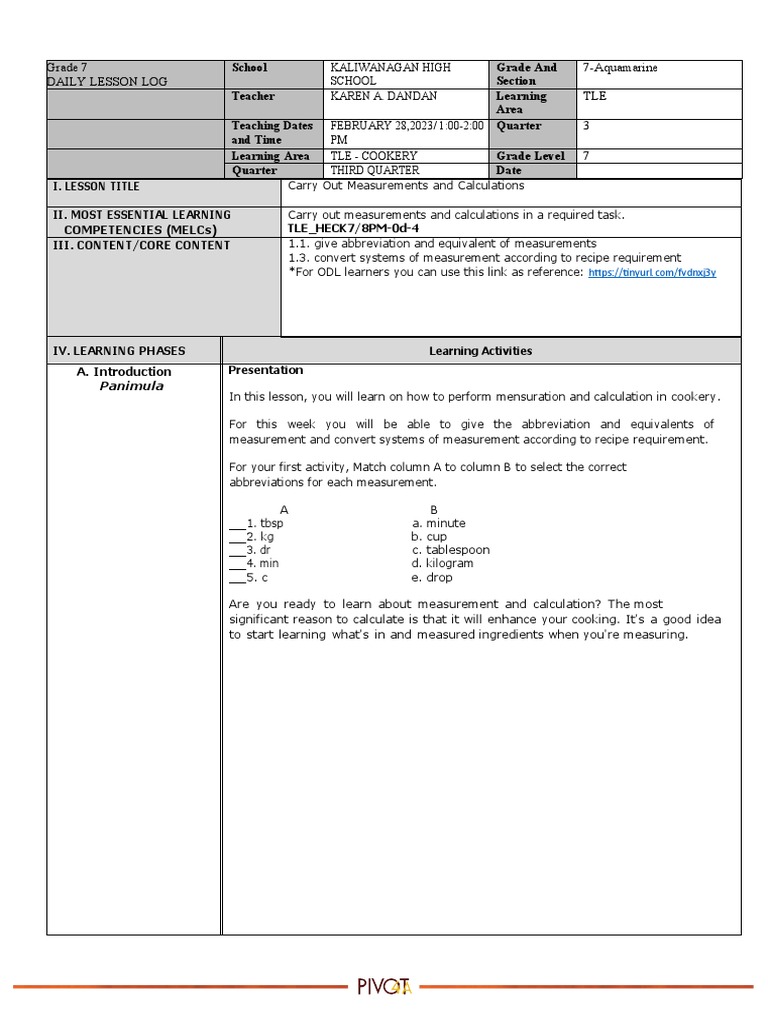 Tle Cookery7 8 Week4 Pdf Tablespoon Gallon