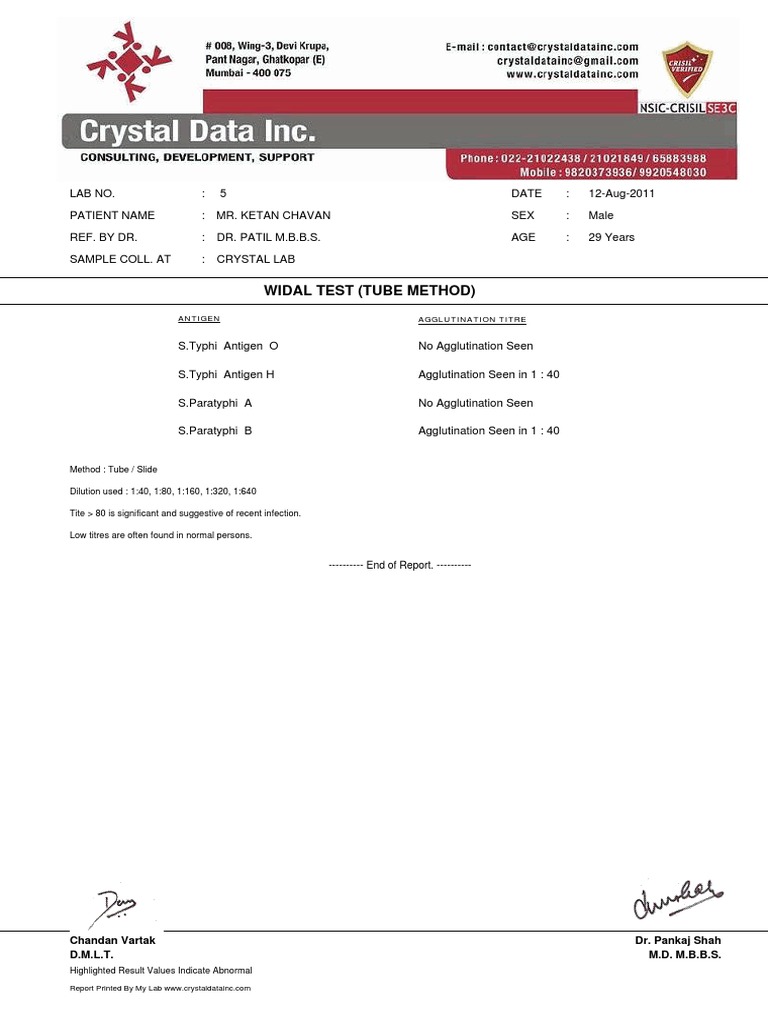 Widal Test Results Analysis | PDF