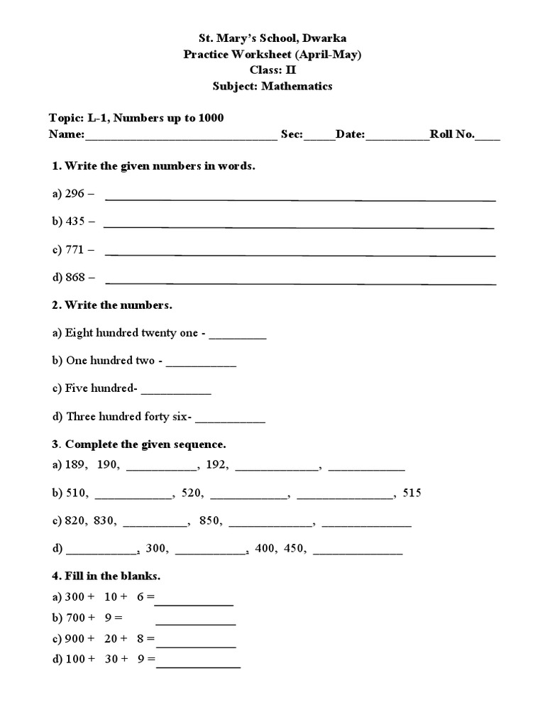 Std. II Practice Worksheet Mathematics | PDF