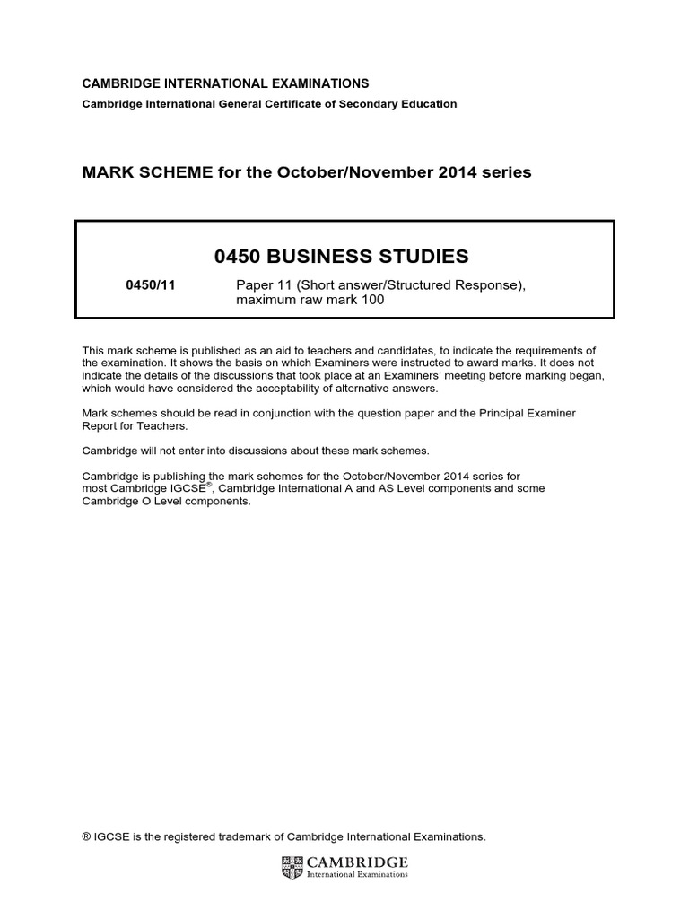 0450 Business Studies: MARK SCHEME For The October/November 2014 Series ...