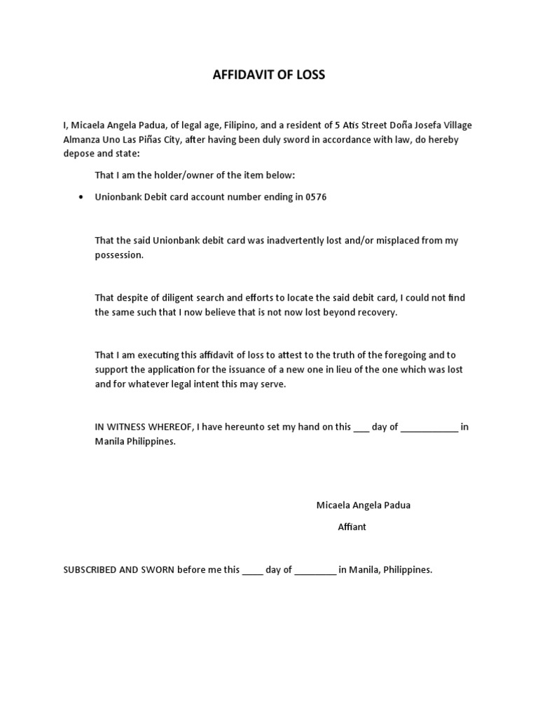 Affidavit of Loss Debit Card | PDF