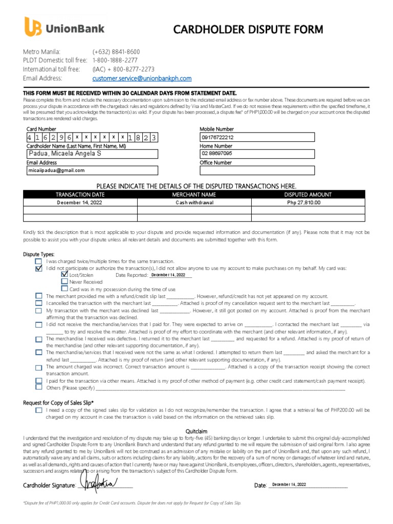 UnionBank Cardholder Dispute Form | PDF | Credit Card | Receipt