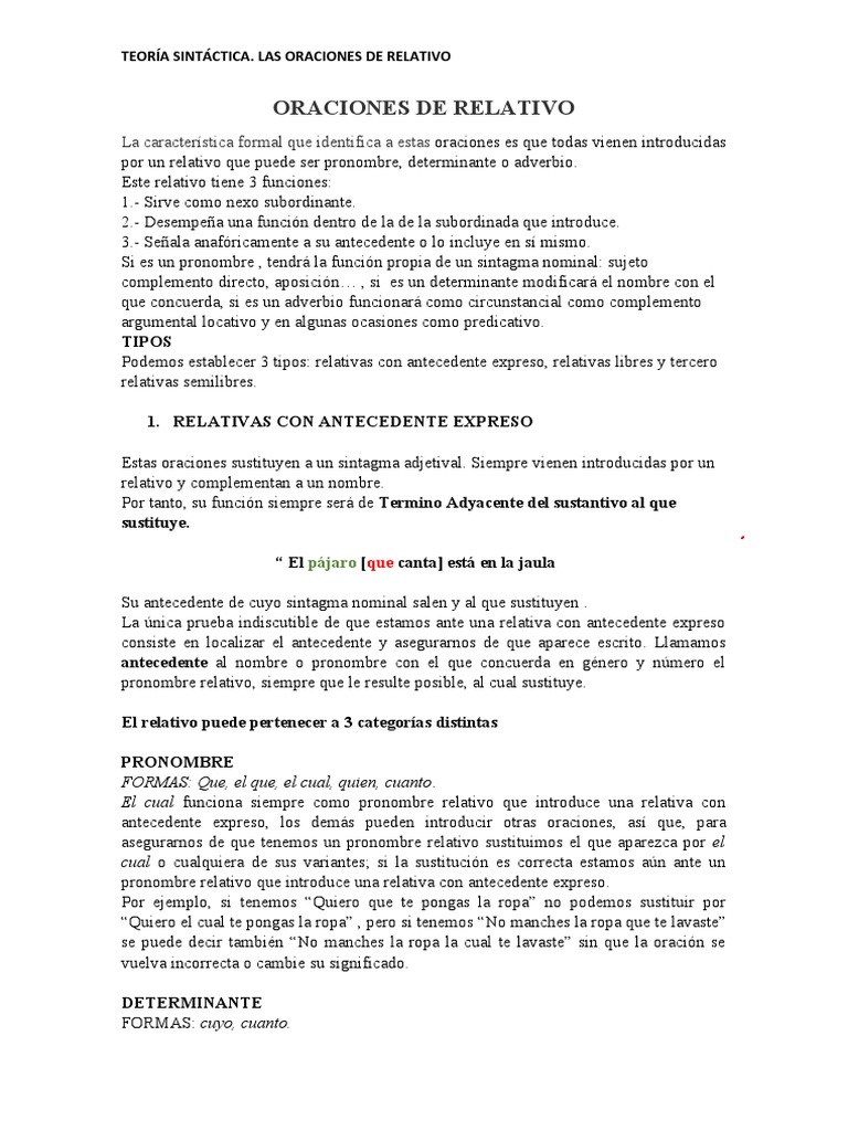 Oraciones de Relativo | PDF | Oración (Lingüística) | Asunto (gramática)