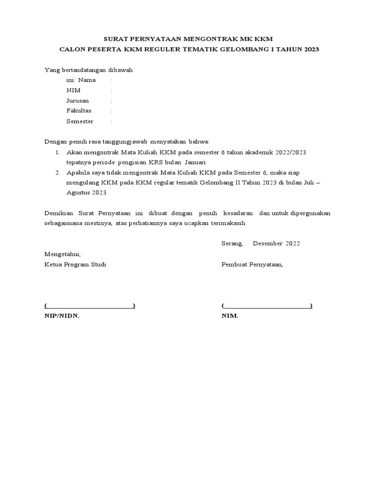 Surat Pernyataan Kontrak KKM 2023 | PDF