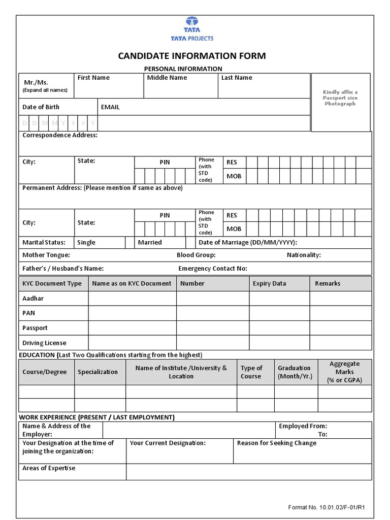Format No. 10.01.02 F-01 Candidate Application Form R1 010419 (Pre ...