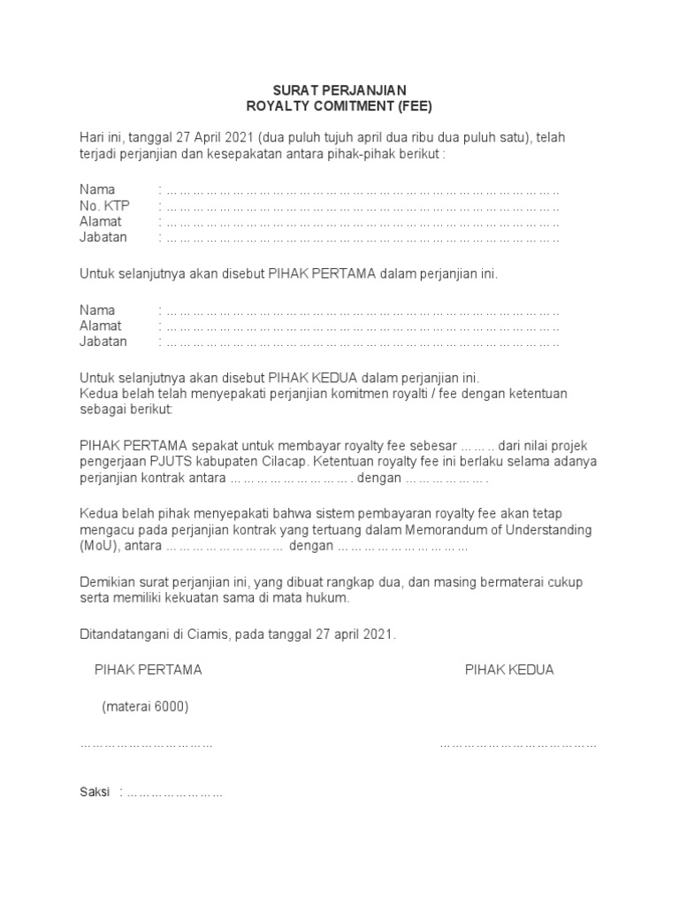 SURAT PERJANJIAN Comitmen Fee Pju Ts | PDF