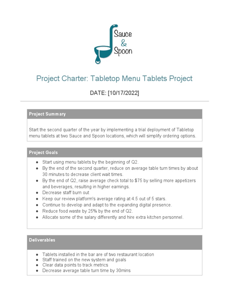 Project Charter Sauce and Spoons | Download Free PDF | Menu | Tablet ...