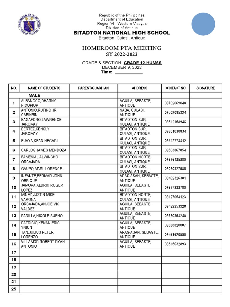 12 Humss Pta Attendance Sheet 2022 2023 | PDF