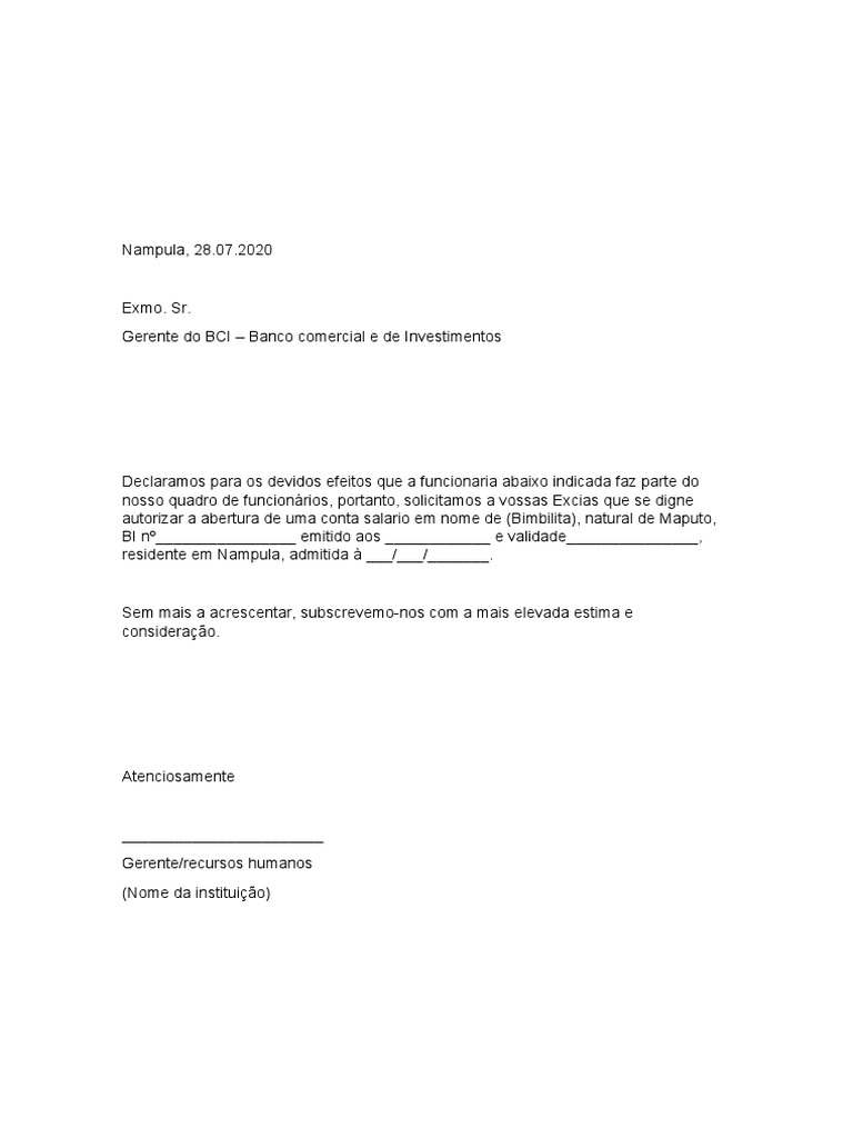 Carta Abertura de Conta (Modelo 2) | PDF Carta Abertura de Conta (Modelo 2) | PDF