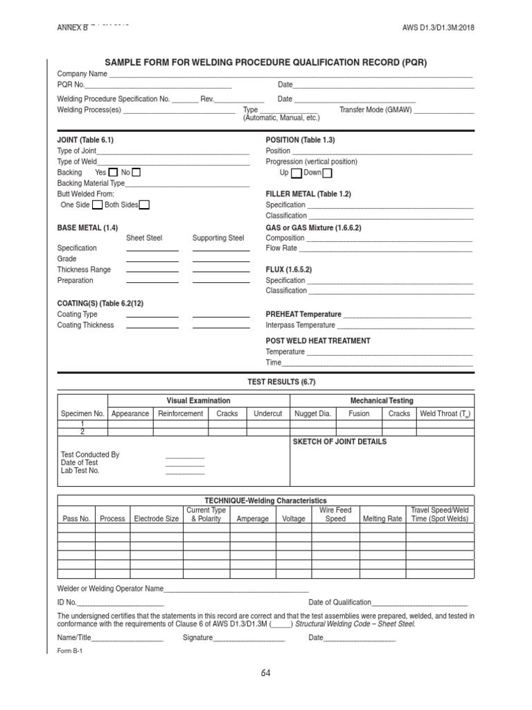 D1.3 D1.3M 2018 Annexb1 PQR Form | Download Free PDF | Construction ...