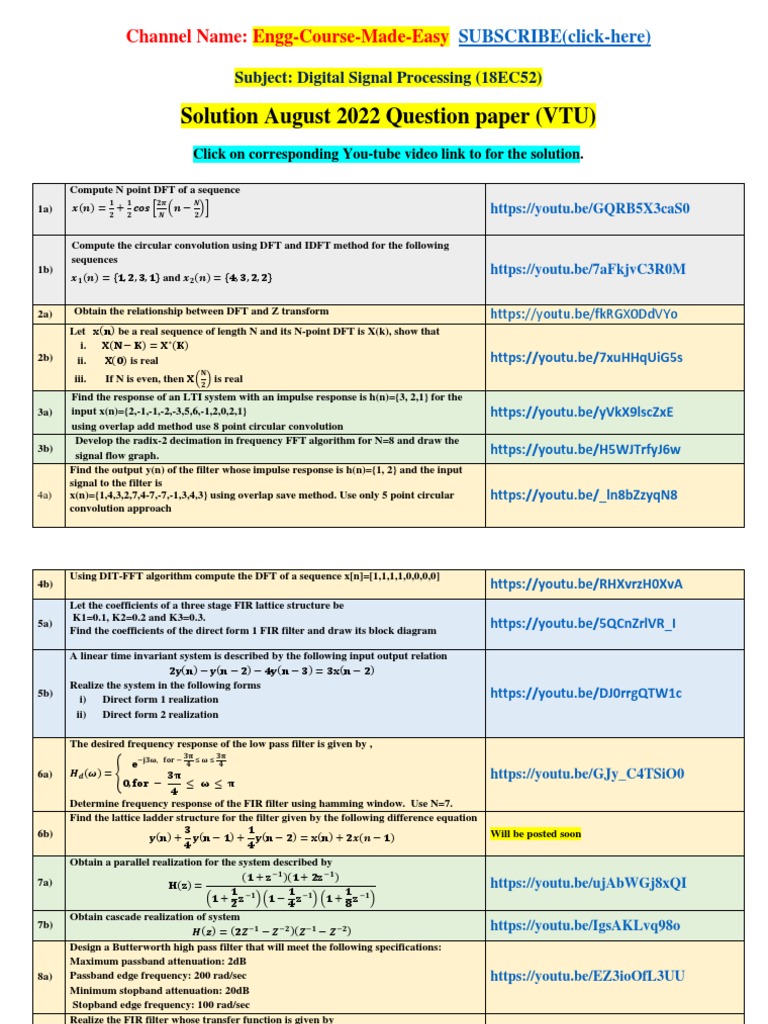 DSP - 18EC52 - QP - Solutions (1) ZX | PDF | Discrete Fourier Transform | Low Pass Filter