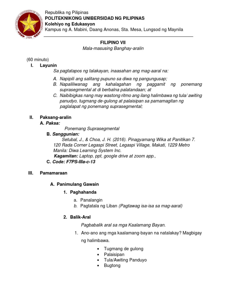 Ponemang Suprasegmental Banghay Aralin G | PDF