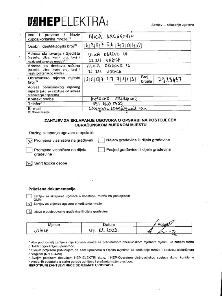Zahtjev Za Promjenu Vlasnika HEP | PDF