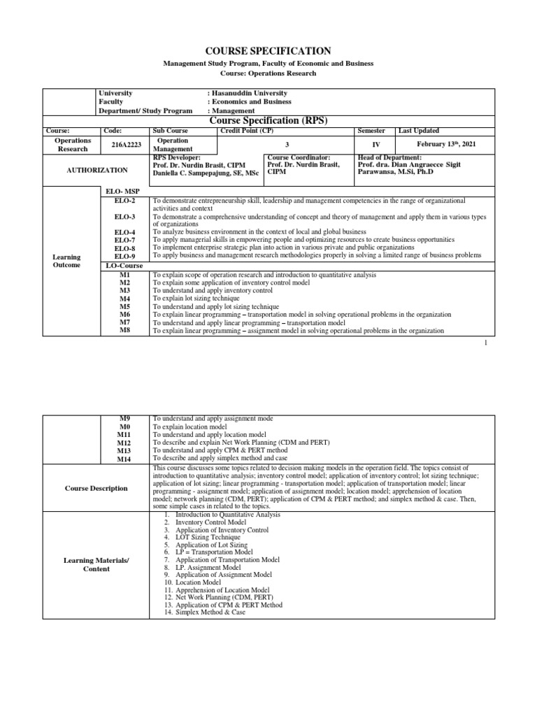 RPS - Riset-Operasi-2023 | PDF | Rubric (Academic) | Communication