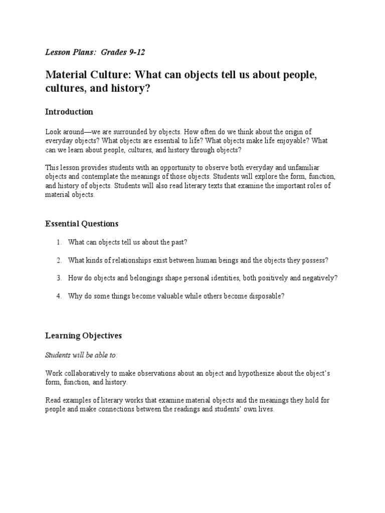 Material Culture Lesson Plan | PDF | Lesson Plan | Experience