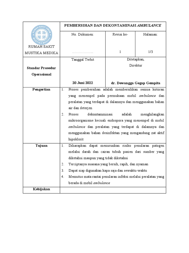 SPO Membersihkan Dan Dekontaminasi Ambulance | PDF