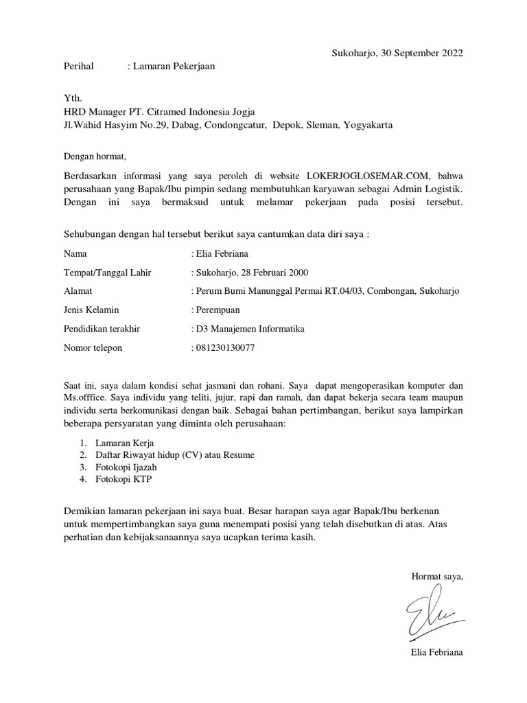 Surat Lamaran Pekerjaan PT. Citramed Indonesia Jogja | PDF