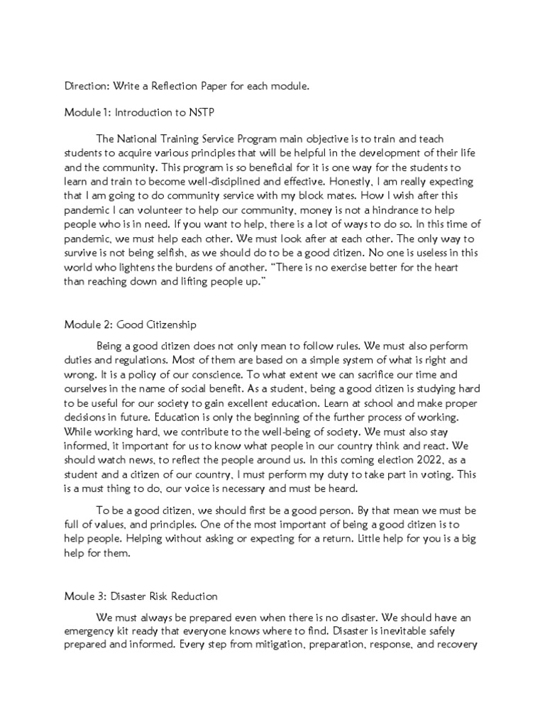 Module 1 To 4 Reflection Paper On CWTS (1ST Sem) | PDF | Human Impact ...