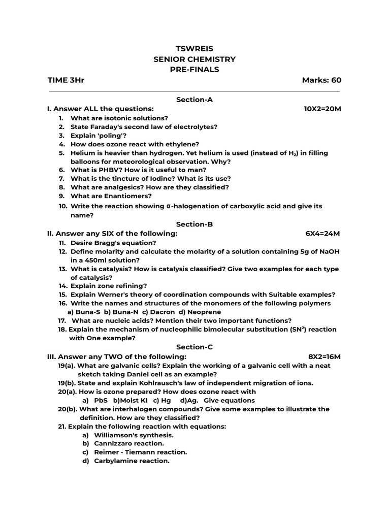 Chemistry SENIOR INTER Pre-Final | PDF | Chemical Reactions | Acid
