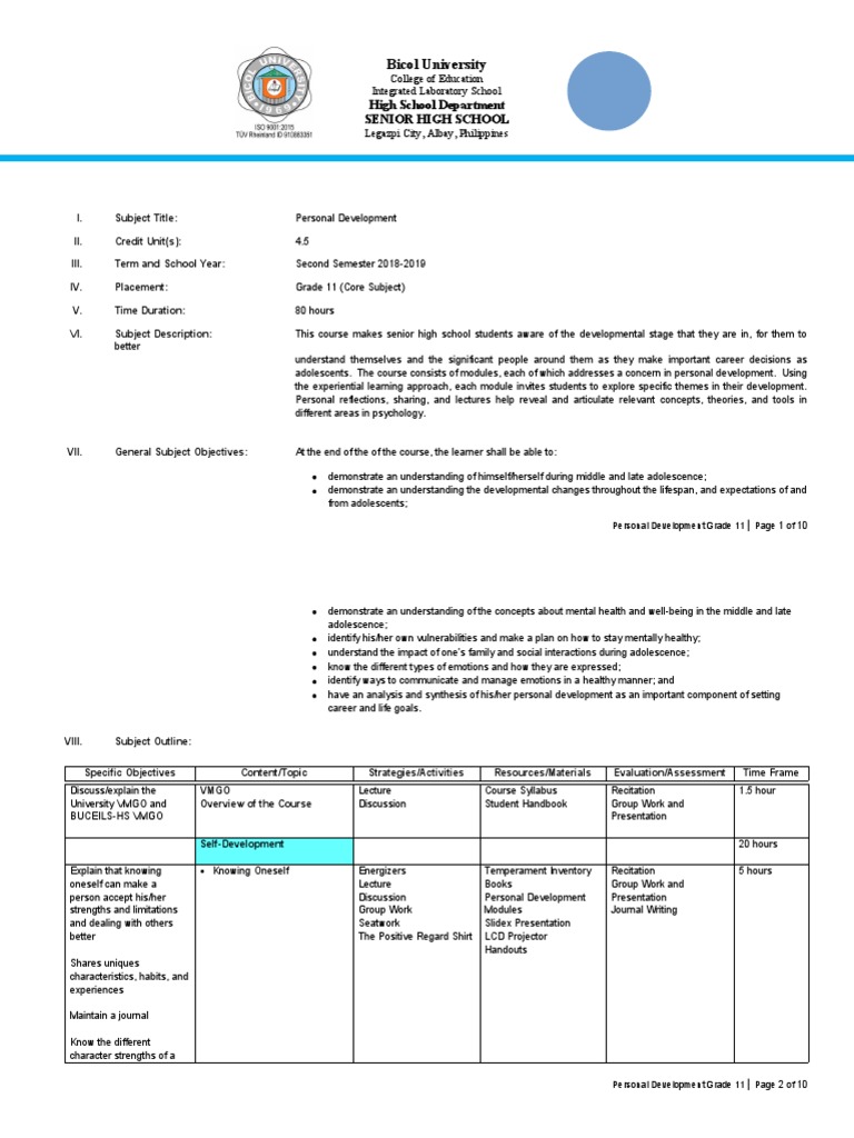 PerDev Course Syllabus | PDF | Adolescence | Thought