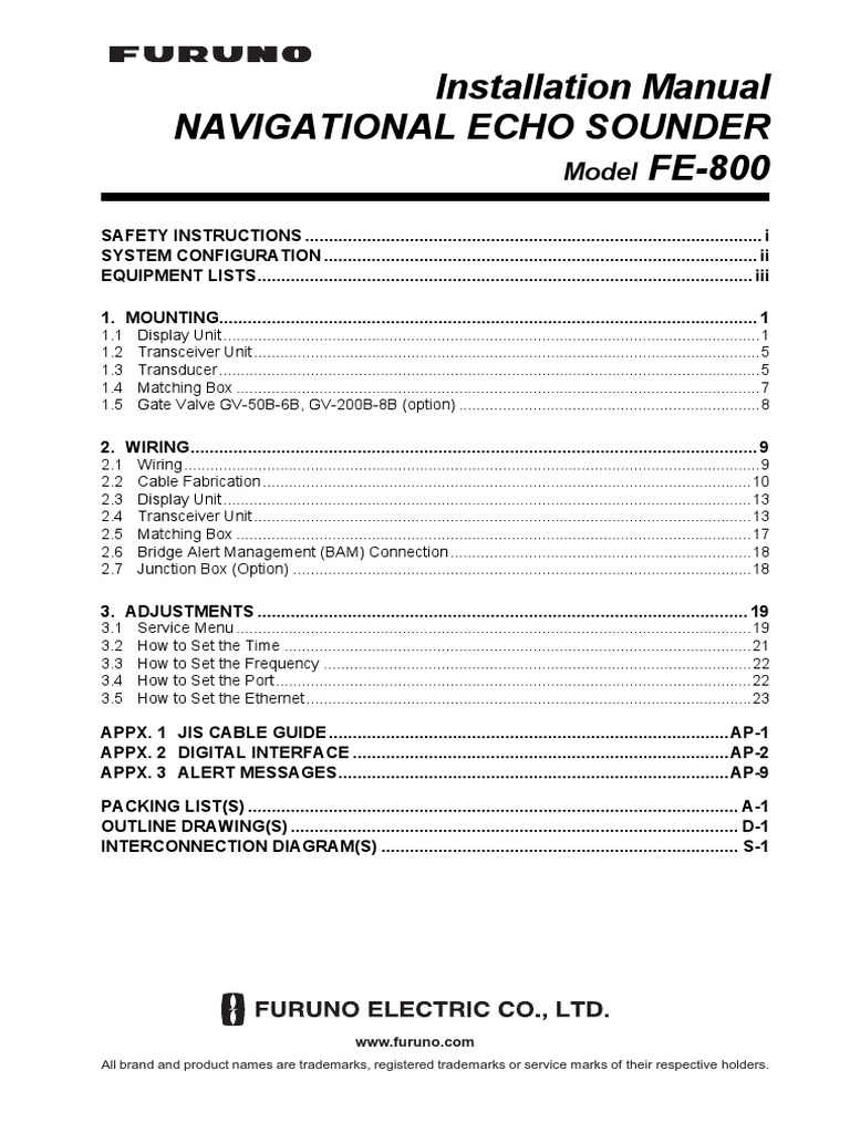 Furuno FE800 Echo Sounder - Installation - Manual | PDF | Screw | Electrical Connector