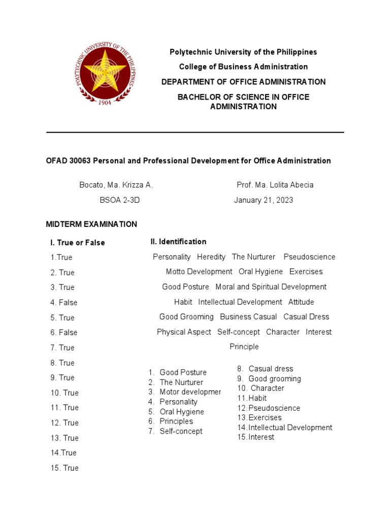 Bocato, Ma. Krizza A. - Bsoa 2-3D - Midterm Examination PDF | PDF
