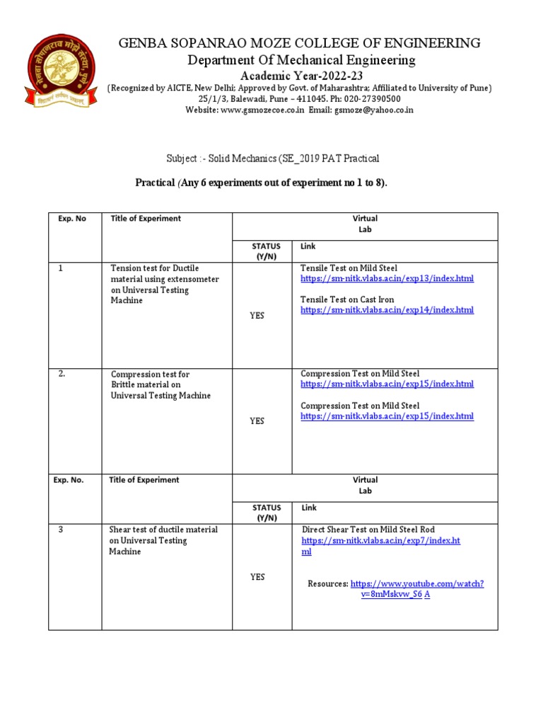 Solid Mechanics Practical - Virtual Lab Links | PDF | Ultimate Tensile ...