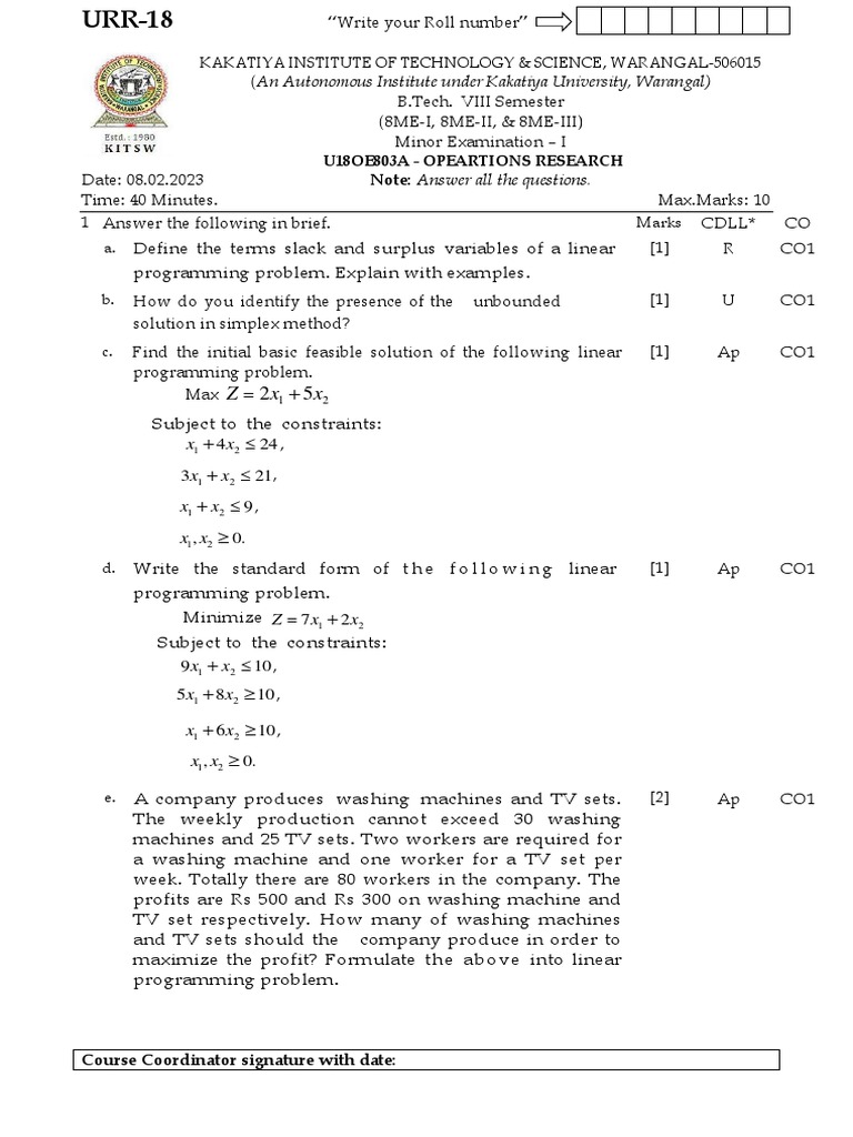 Minor 1QP | PDF | Linear Programming | Mathematical Optimization