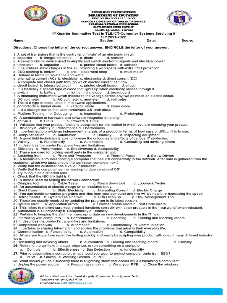 4TH Q Summative Test CSS 9 | PDF | Diode | Passivity (Engineering)