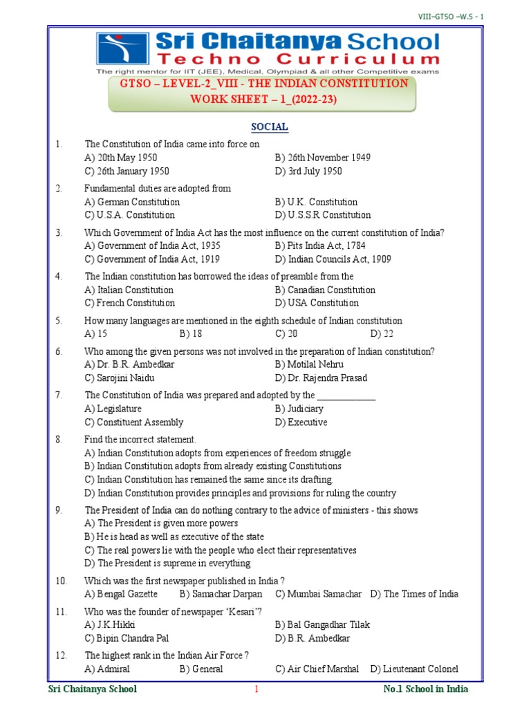 GTSO Level 2: Indian Constitution Worksheet | PDF | Constitution ...