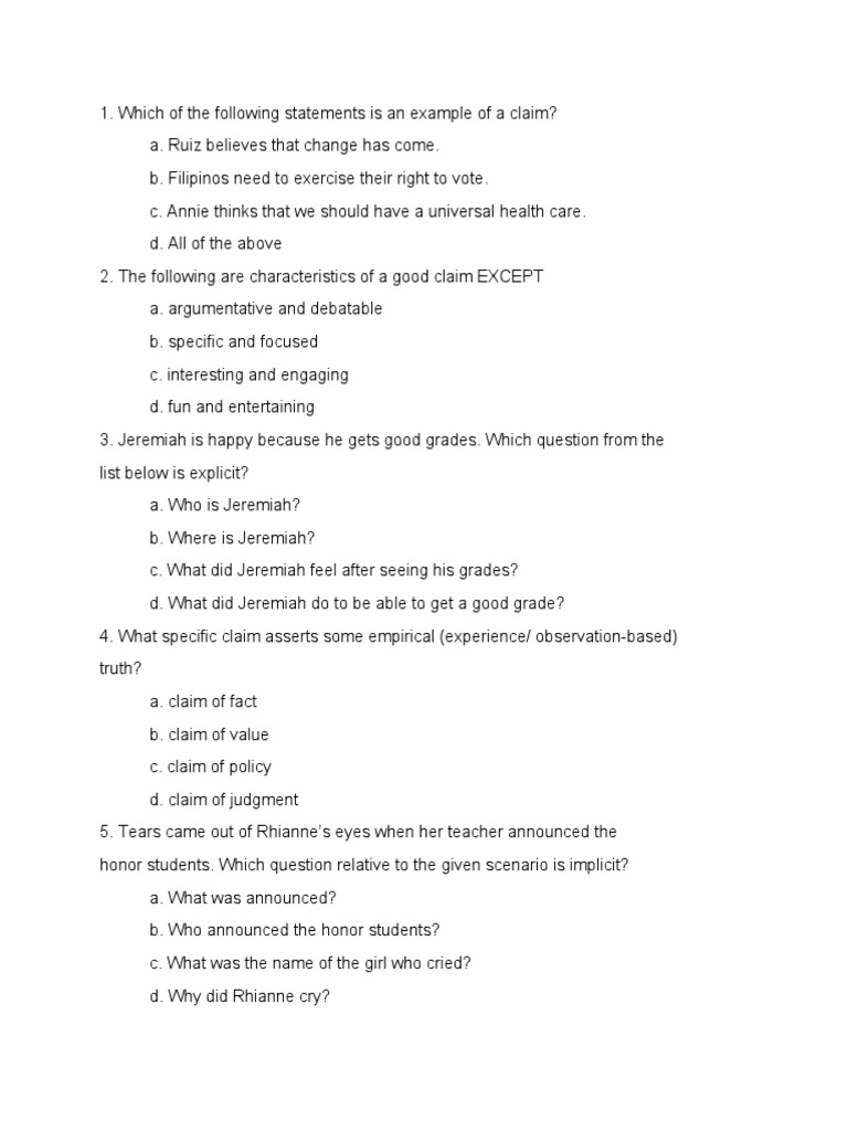 Identify types of claims in arguments | PDF | Cognitive Science | Cognition
