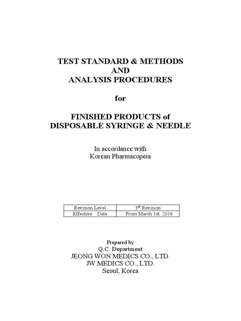 Test Standard - SYRINGE - NEEDLE | PDF | Syringe | Sterilization ...
