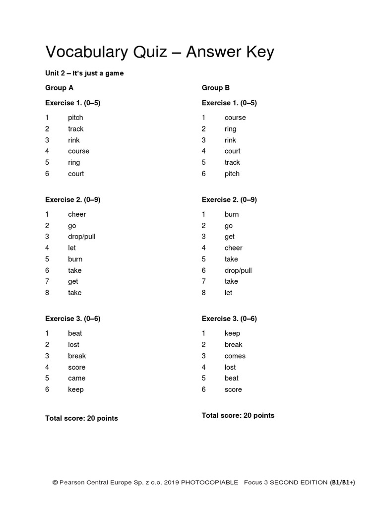 Focus3 2E Vocabulary Quiz Unit2 GroupA&B ANSWERS | PDF