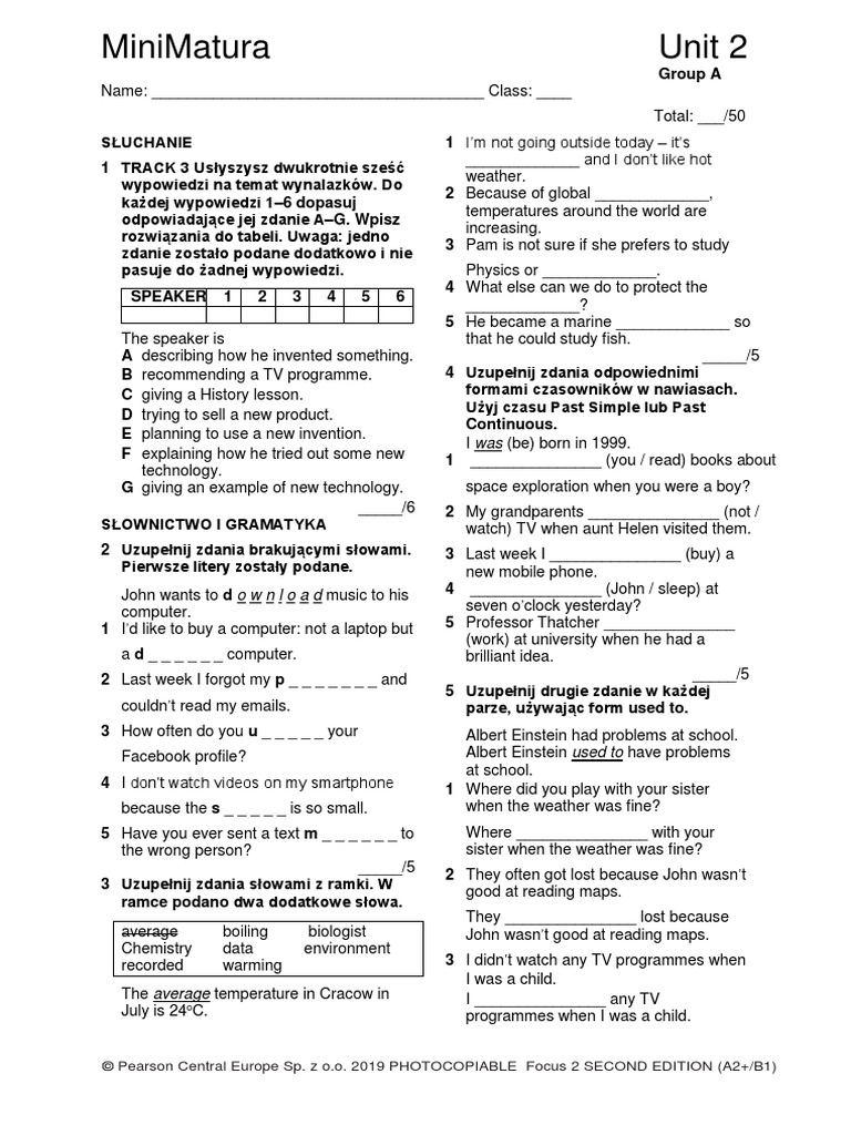 Focus 2 2ed MiniMatura Unit2 GroupA 2kol | PDF | Outer Space | Flight