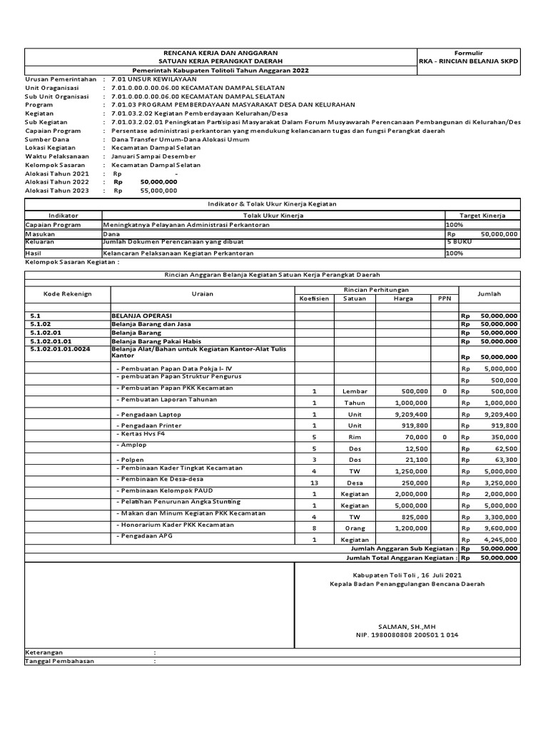 Rancangan RKA SIPD 2022 Net Mantap | PDF