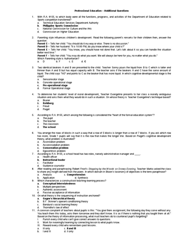 Professional Education Additional Questions | PDF | Teachers | Learning